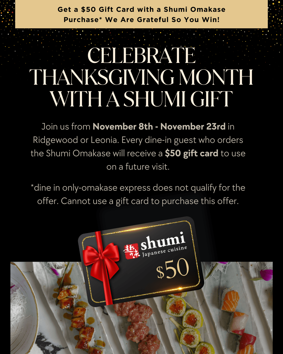 We’re Thankful for You – Enjoy a $50 Gift Card with Your Shumi Omakase ...